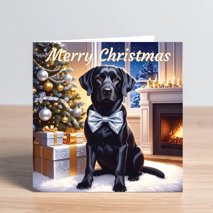 Black Labrador with Gifts & Tree Christmas Card