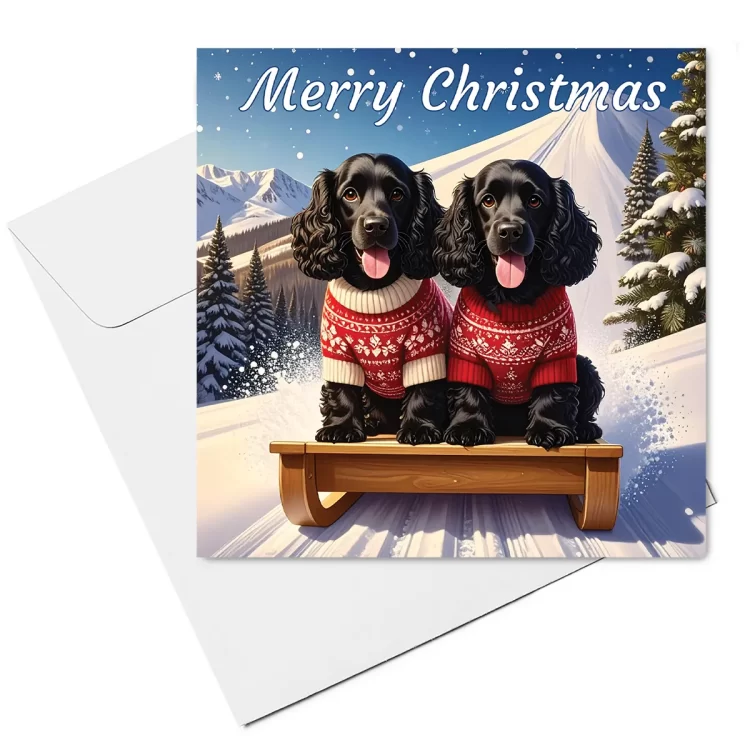 Black Cocker Spaniels on Sled Christmas Card