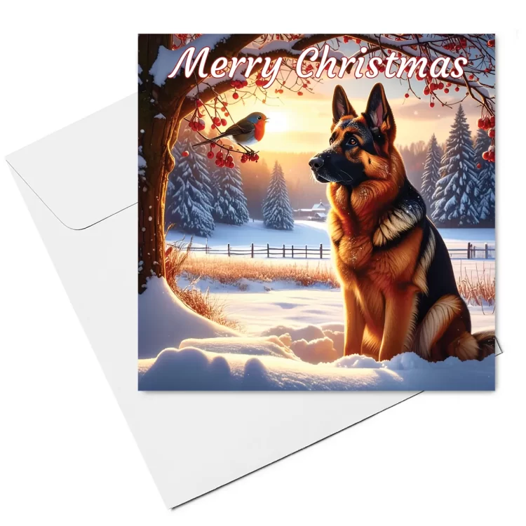 German Shepherd Dog with Gifts & Tree Christmas Card