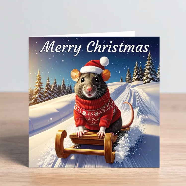 Rat on a Sled Christmas Card