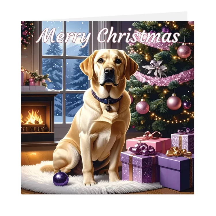 Yellow Labrador with Gifts & Tree Christmas Card